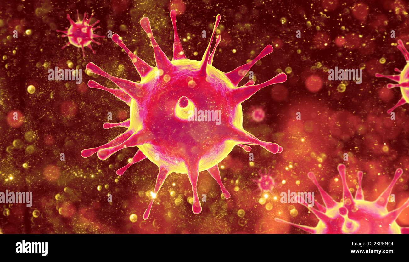 Microscopic view of influenza virus cells. 3D medical illustration ...