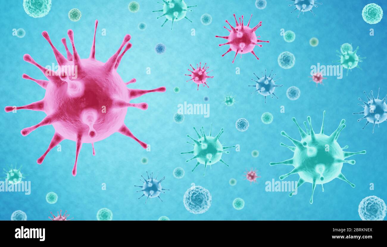 Microscopic view of influenza virus cells. 3D medical illustration ...