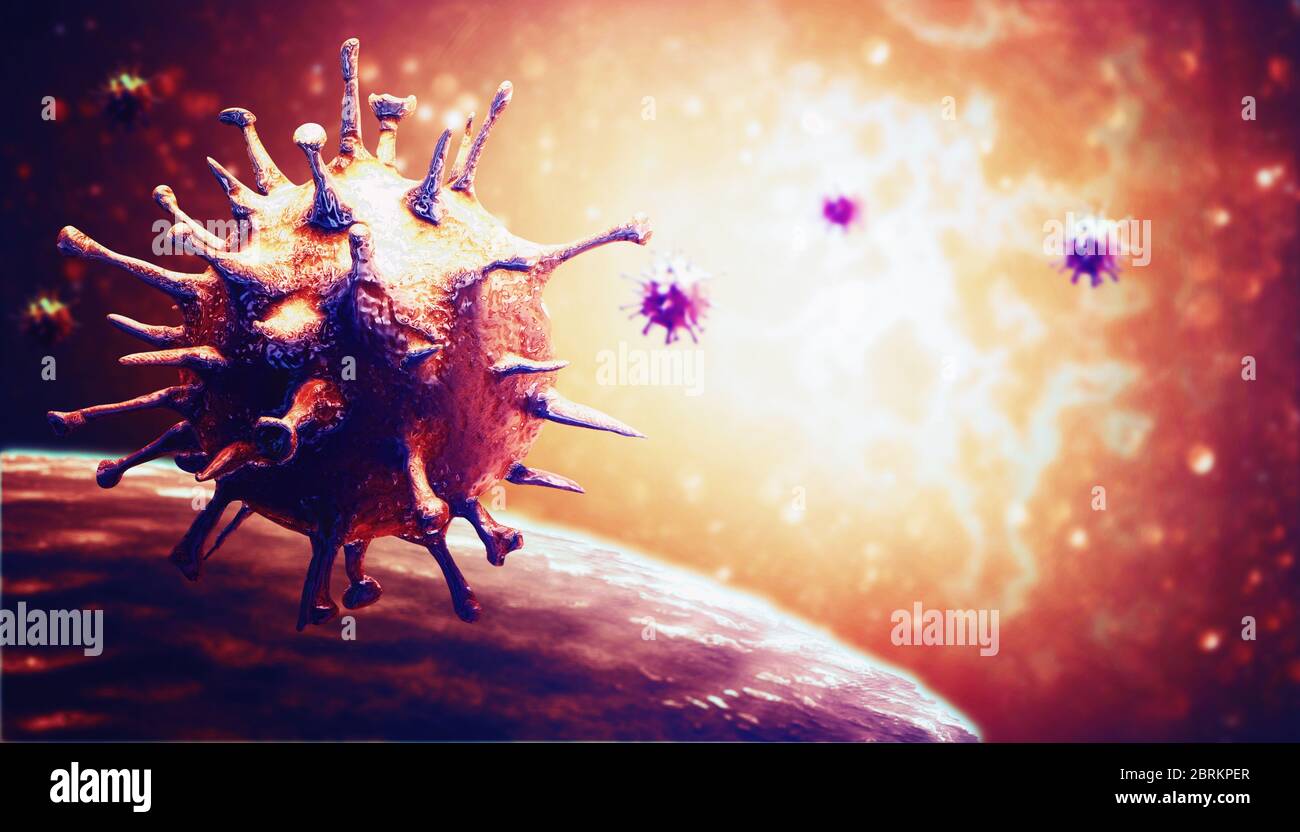 Microscopic view of influenza virus cells. 3D medical illustration ...