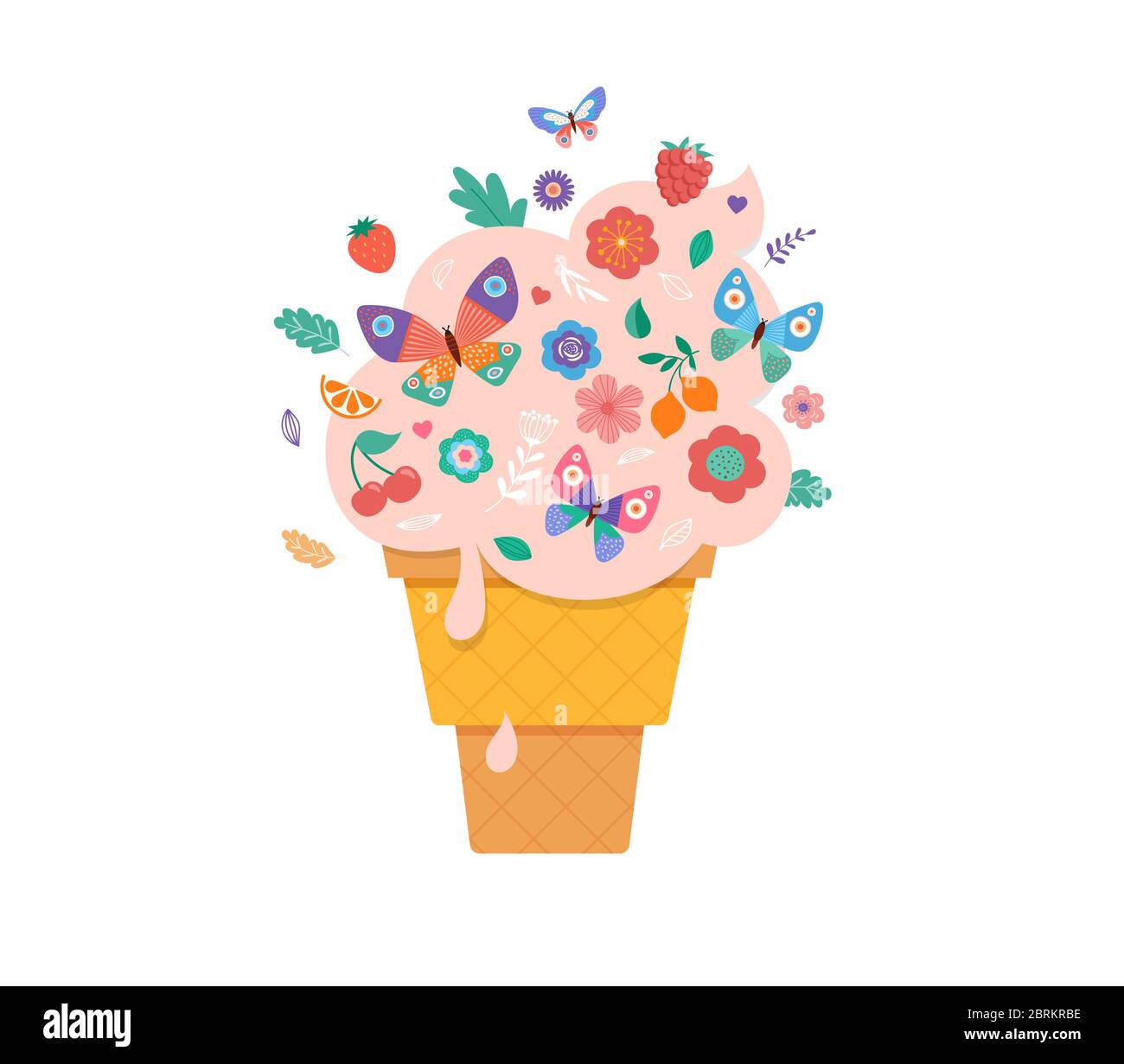 Summer scene with ice cream cone, sundae with flowers, fruits and ...