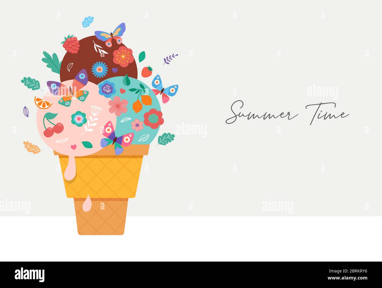Summer scene with ice cream cone, sundae with flowers, fruits and ...