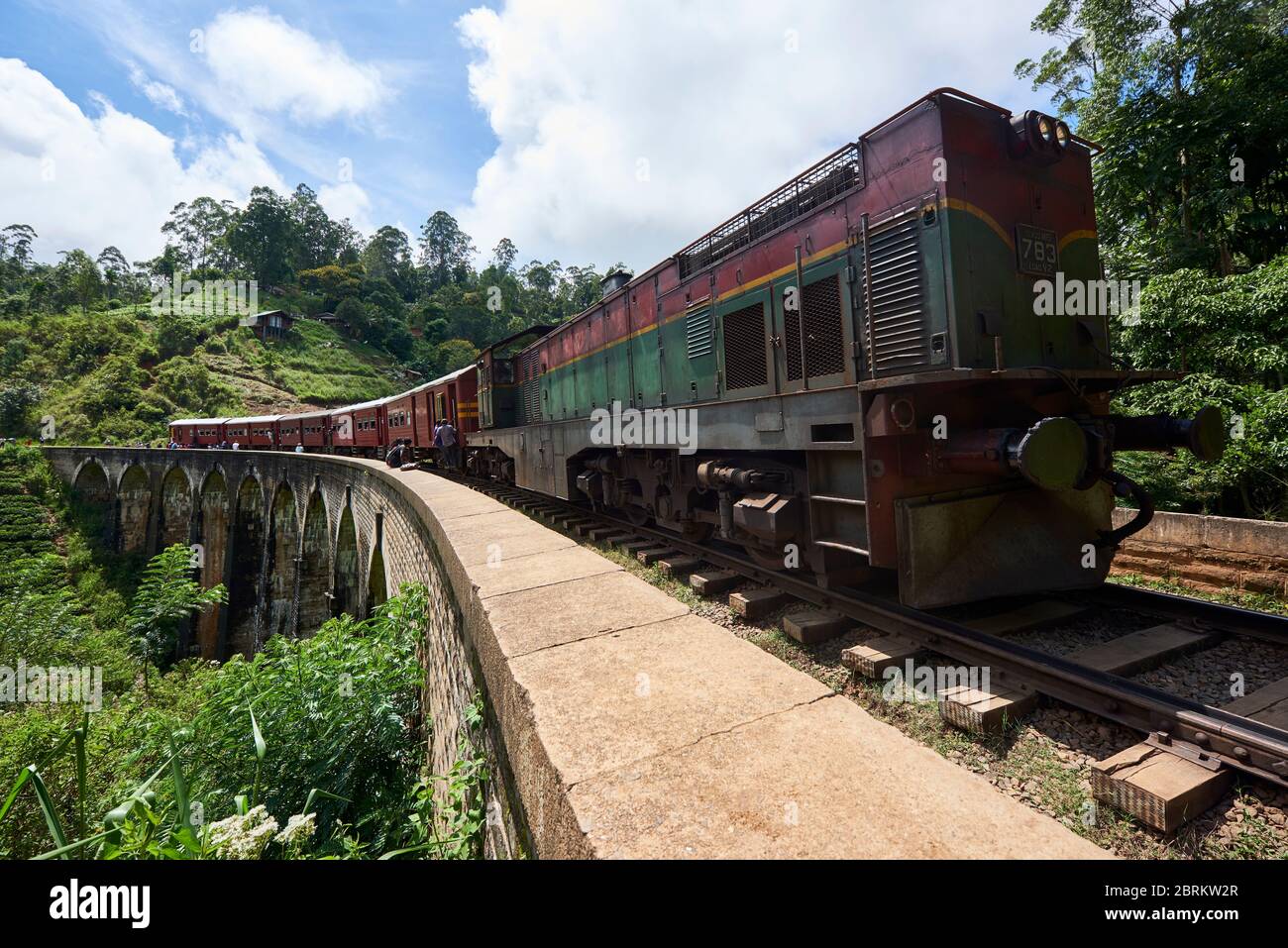 Old style train stationed on Nine Arch Bridge in Ella, Sri Lanka Stock ...