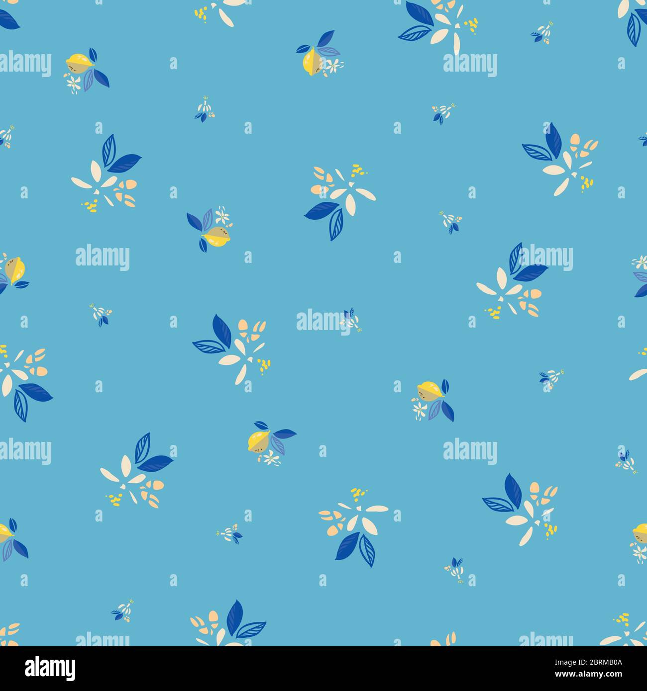 Vector blue ditsy floral summer lemon pattern. Hand drawn textured ...