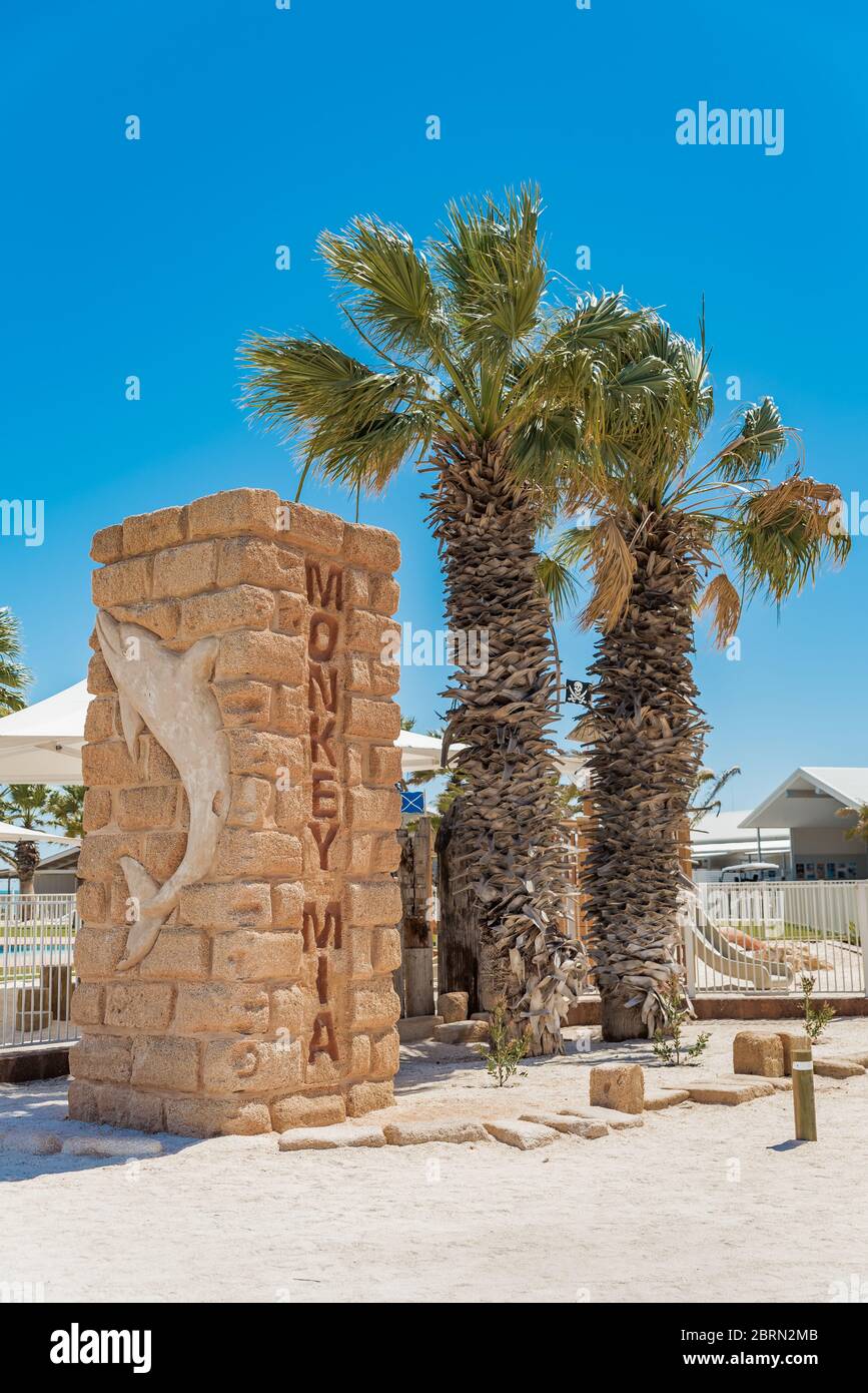 Monkey Mia, nov 2019: Welcome sign made of sandstone at the entrance to ...