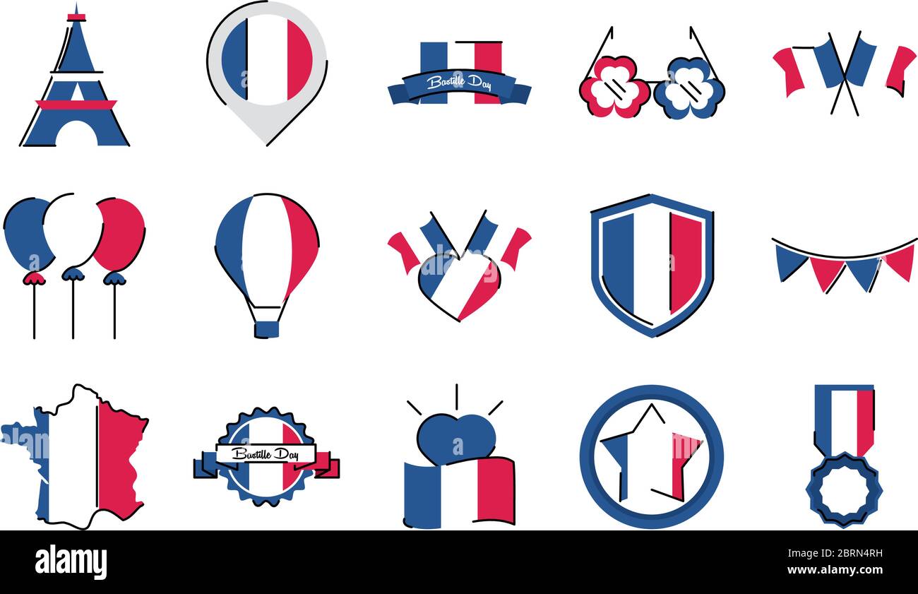 france line and fill style icon set design, Bastille day and french ...