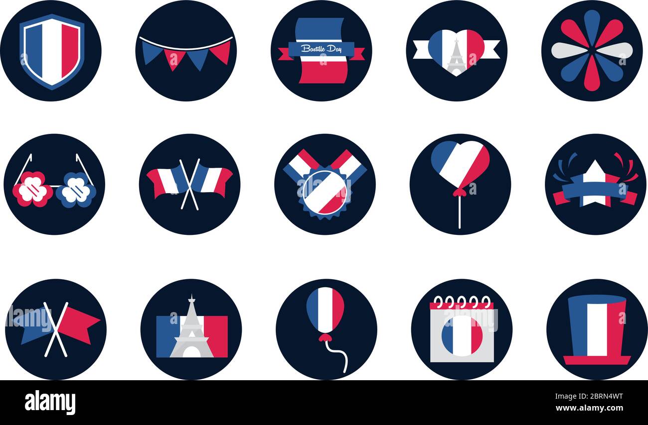 france block and flat style icon set design, Bastille day and french ...