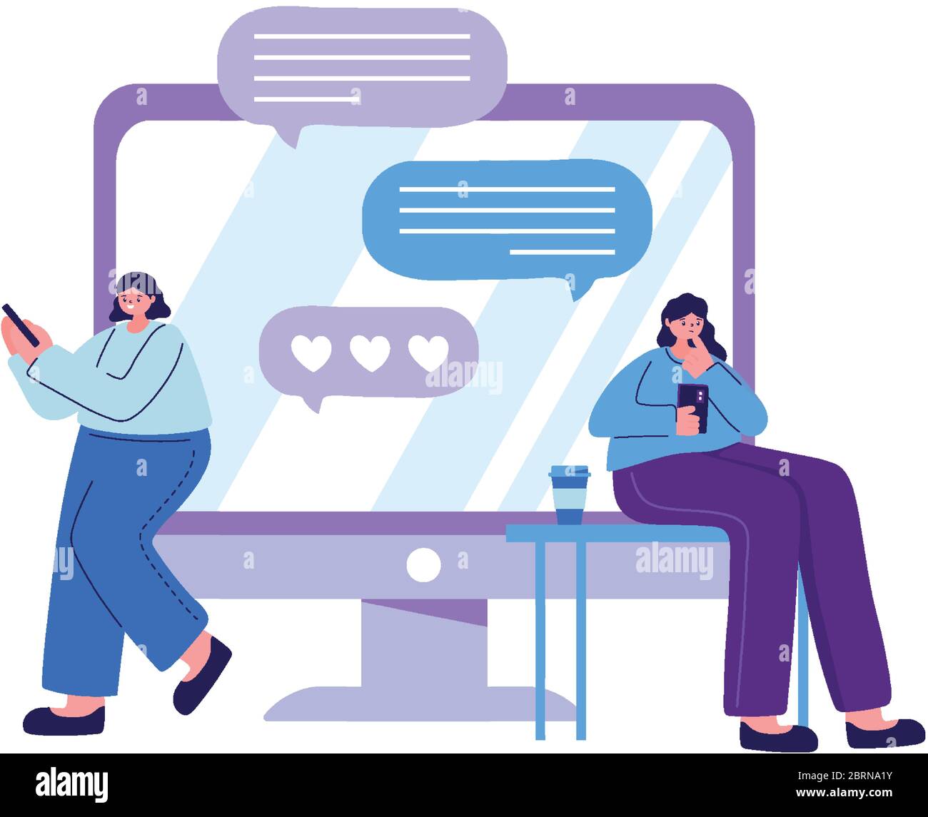 seated women with smartphone and computer chatting design, Message chat ...