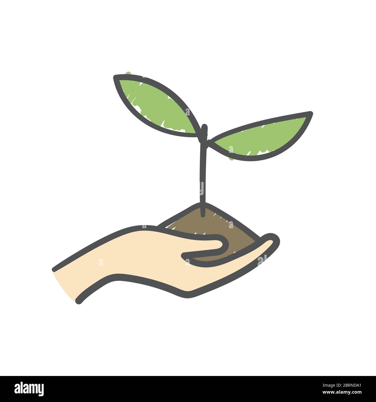 Human hand holding seedling in soil. Hand-drawn on white background ...