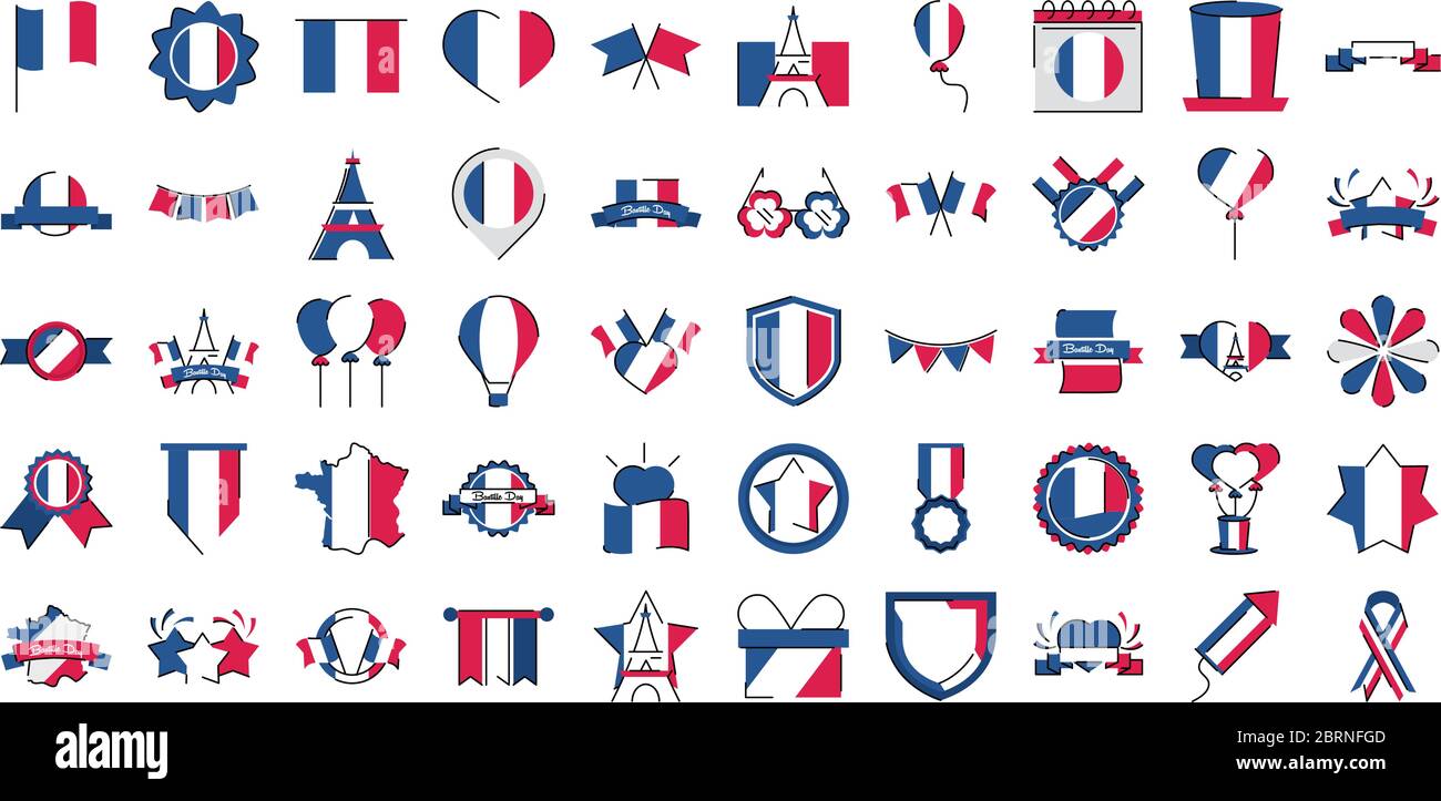 france line and fill style icon set design, Bastille day and french ...