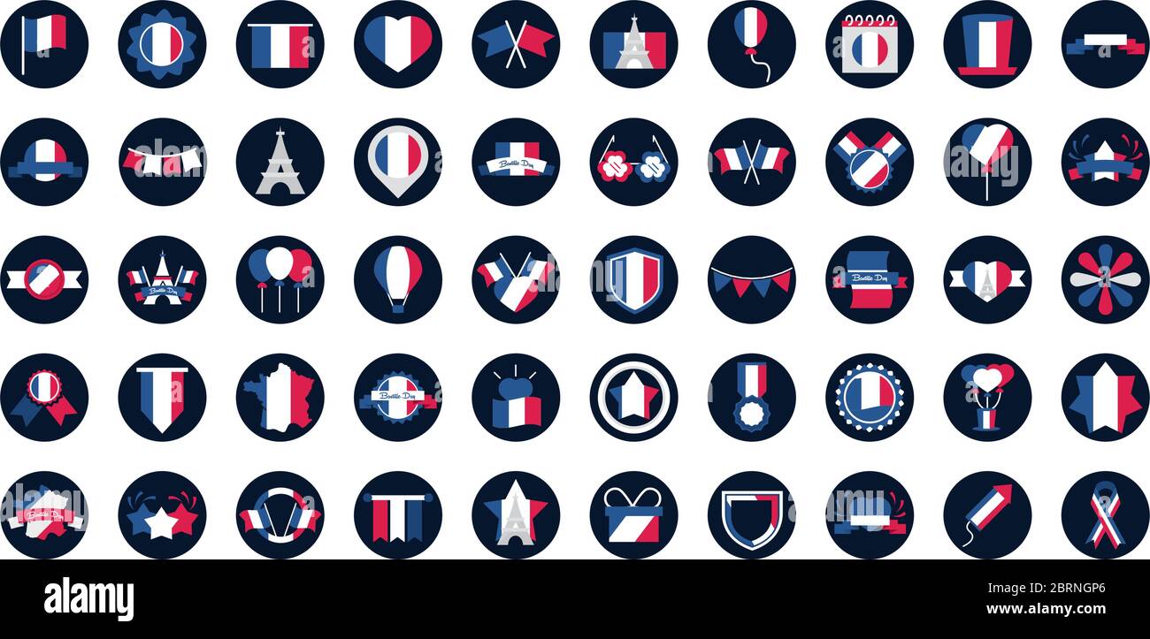 france block and flat style icon set design, Bastille day and french ...
