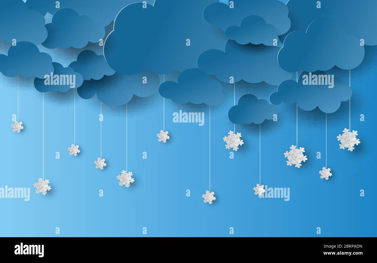 Paper art and craft style of Cloud and snowfall with winter season on ...