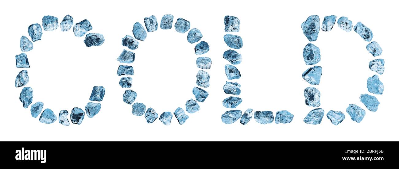 Word COLD made of blue crushed ice cubes on white background isolated ...