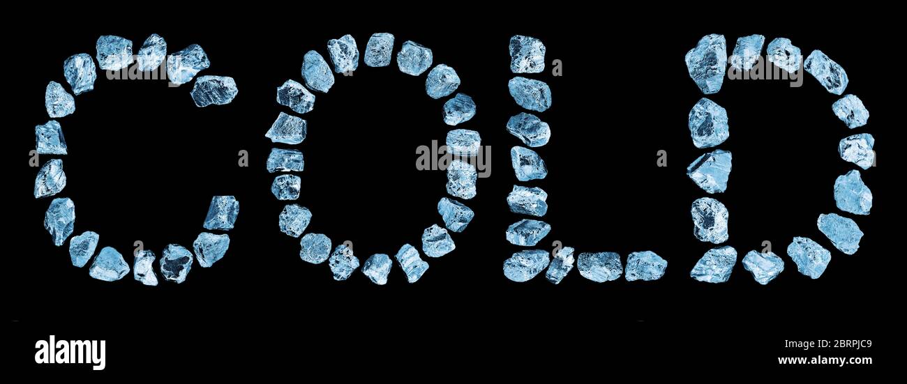 Word COLD made of blue crushed ice cubes on black background isolated ...