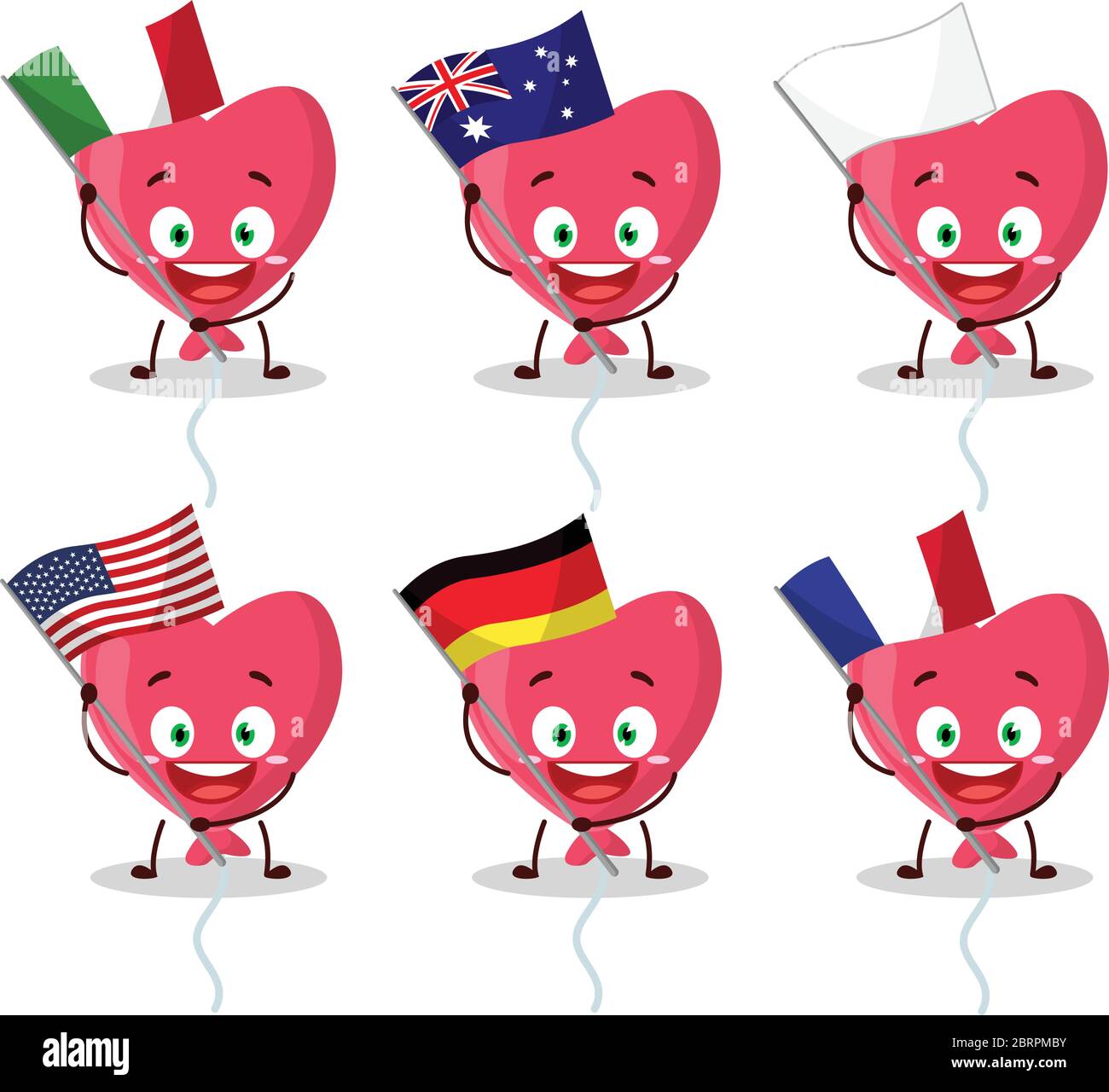 Red Love Baloon Cartoon Character Bring The Flags Of Various Countries