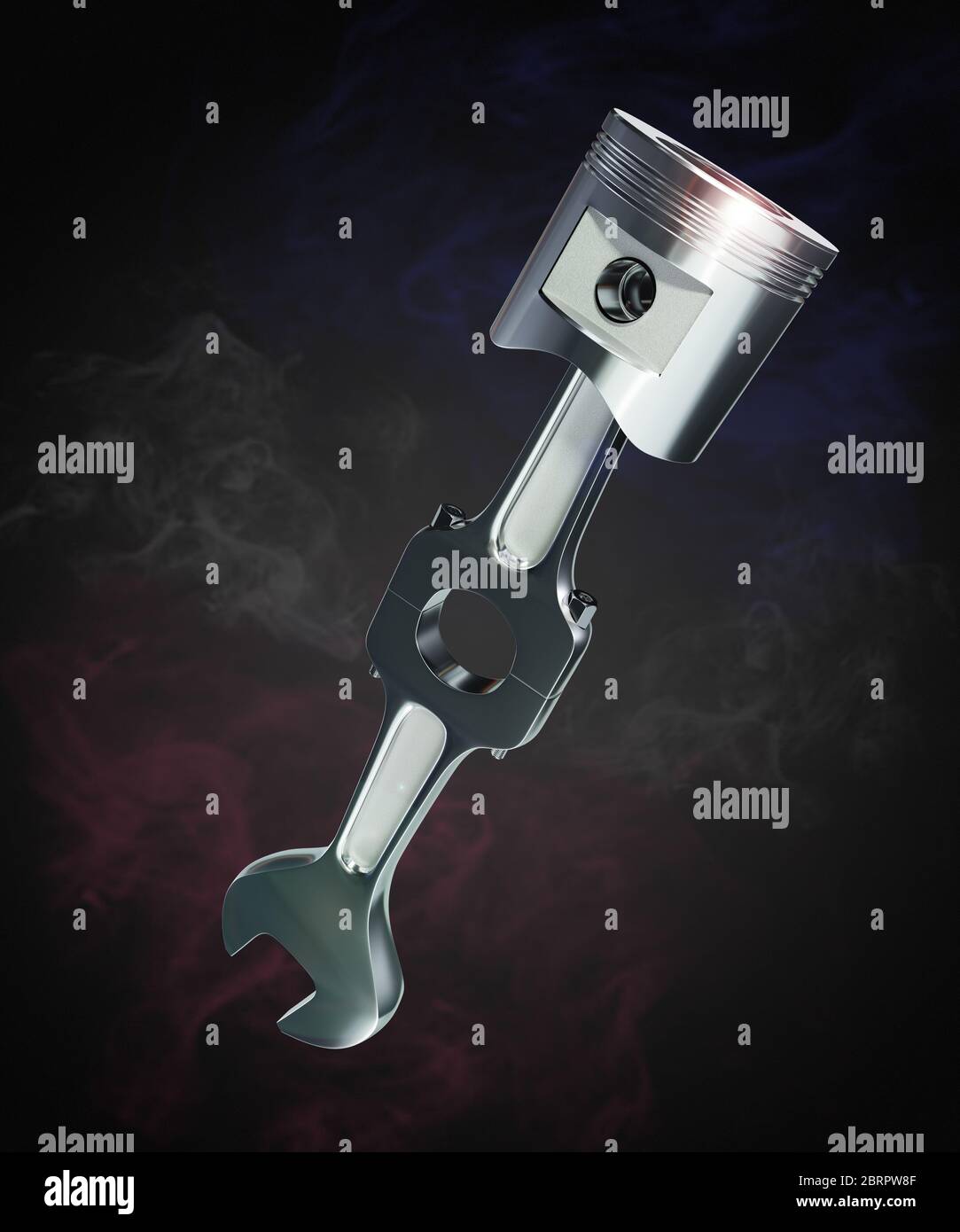 Piston and wrench made of aluminum with chrome color in dark and smoke ...