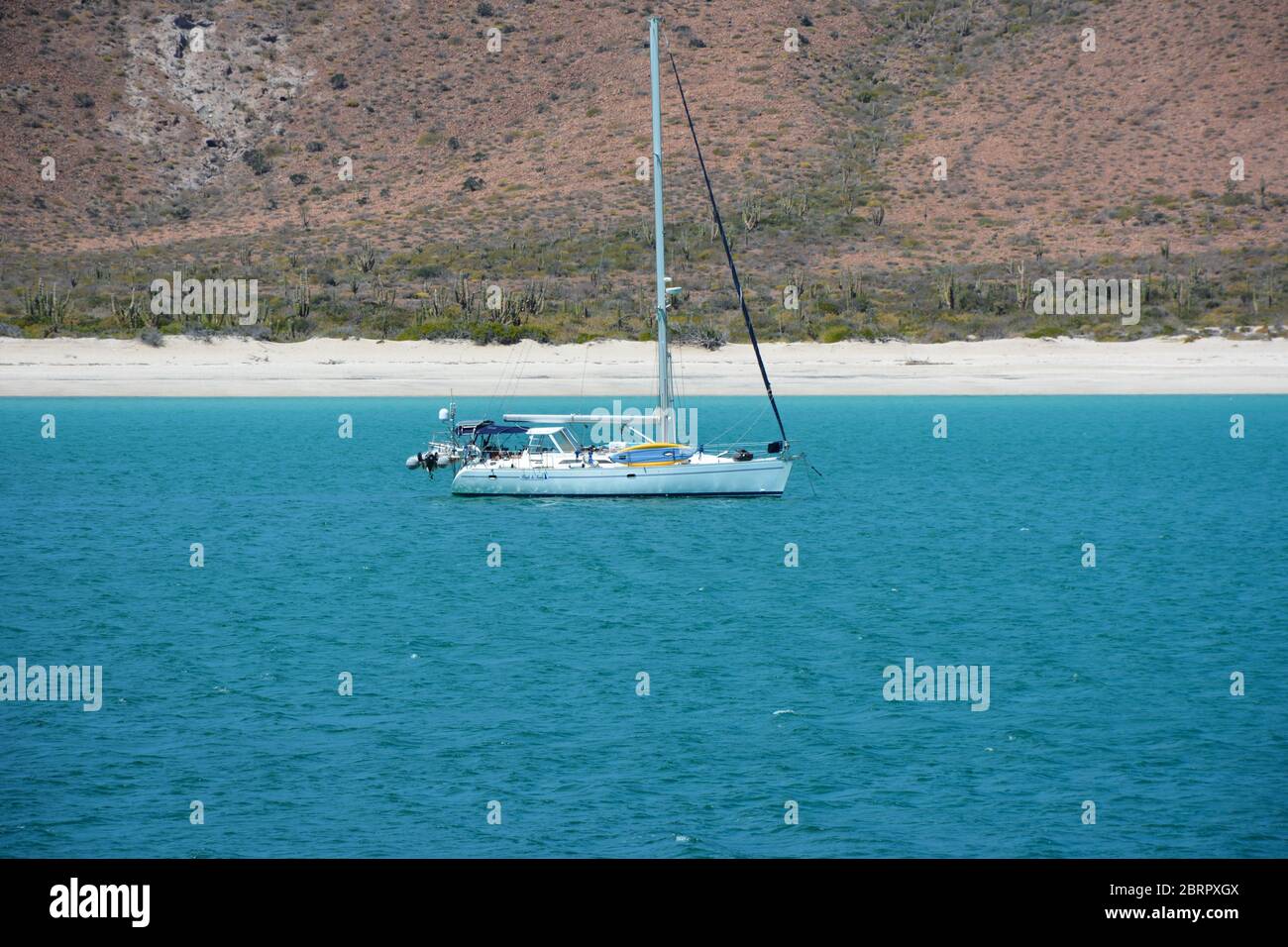 A sailing boat anchored off Bonanza beach at Isla del Espiritu Santo ...