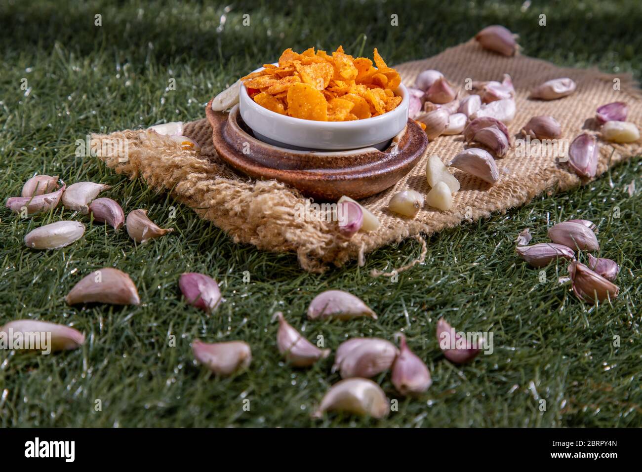 Crispy garlic chip for appetizers. Chopped garlic, cooked in oil until ...