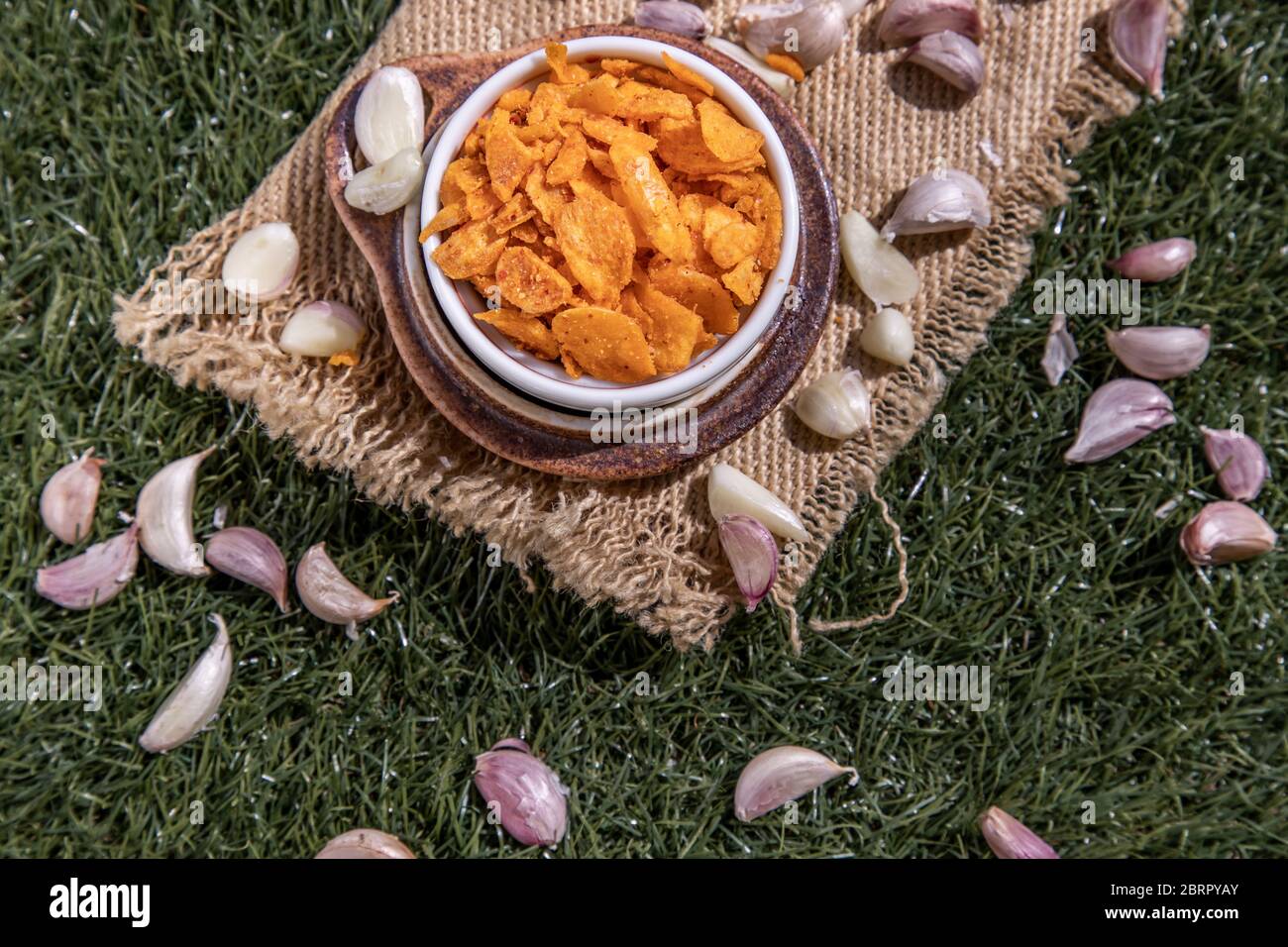 Crispy garlic chip for appetizers. Chopped garlic, cooked in oil until ...