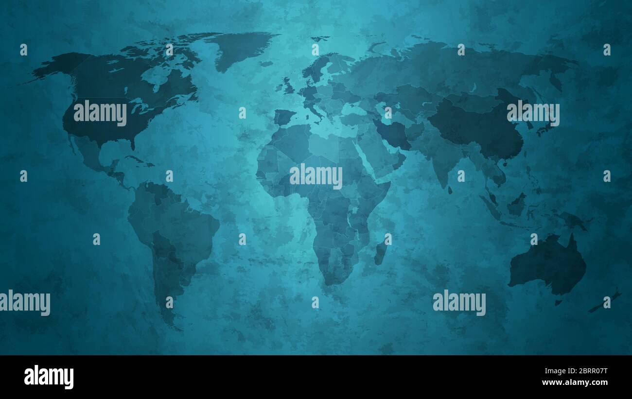 Grunge world map in beautiful gradient glow blue night tone. Abstract ...