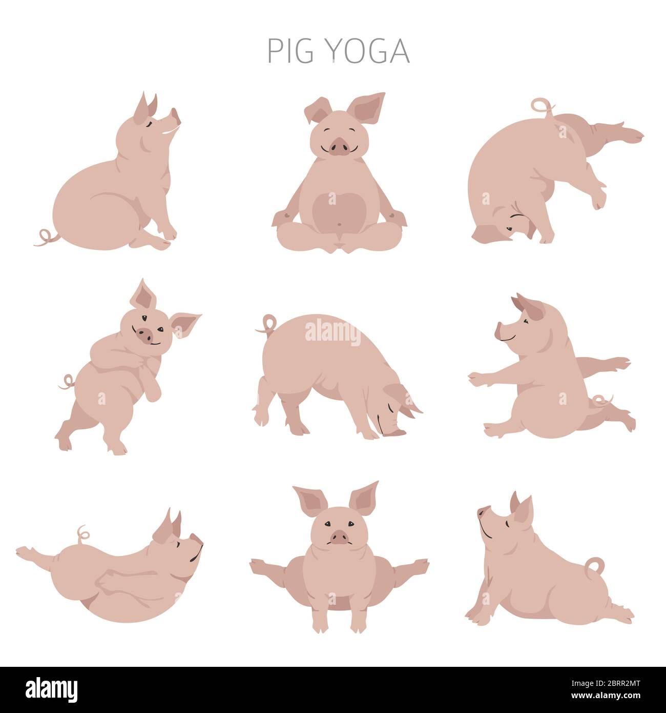 Pig yoga poses and exercises. Cute cartoon clipart set. Vector ...