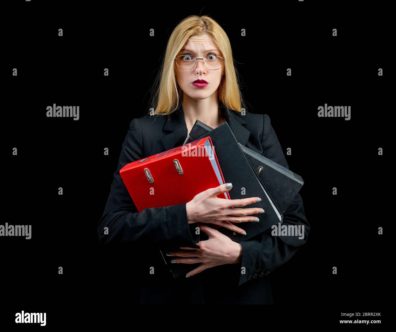Businesswoman or secretary with folders , black isolated Stock Photo ...