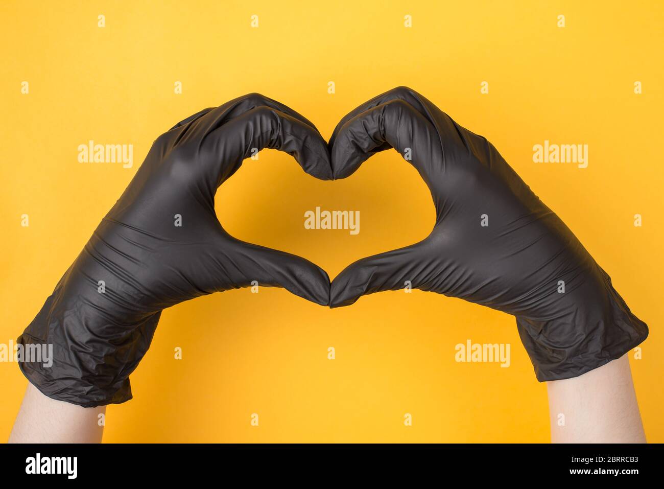 Top above overhead view photo of woman's hands in black gloves making ...