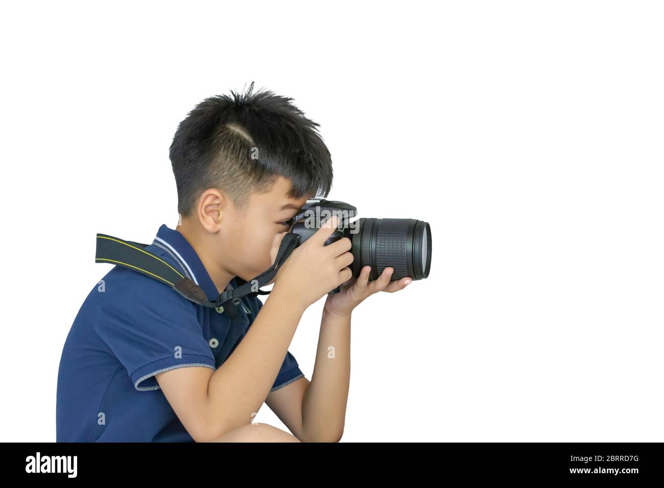 Isolated Hand asian boy holding the camera and take pictures on a white ...