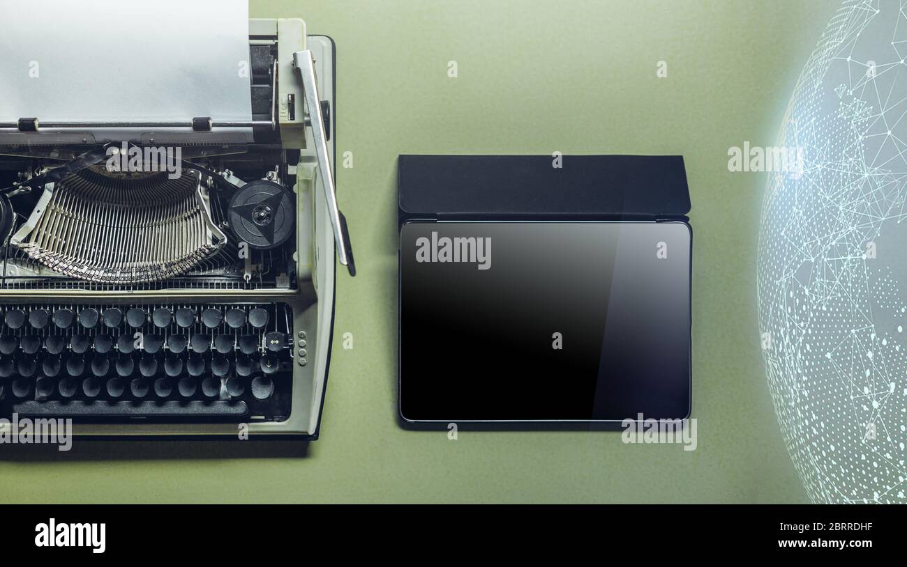 Analog Typewriter, Tablet, Global Network and Cloud Storage On Green ...