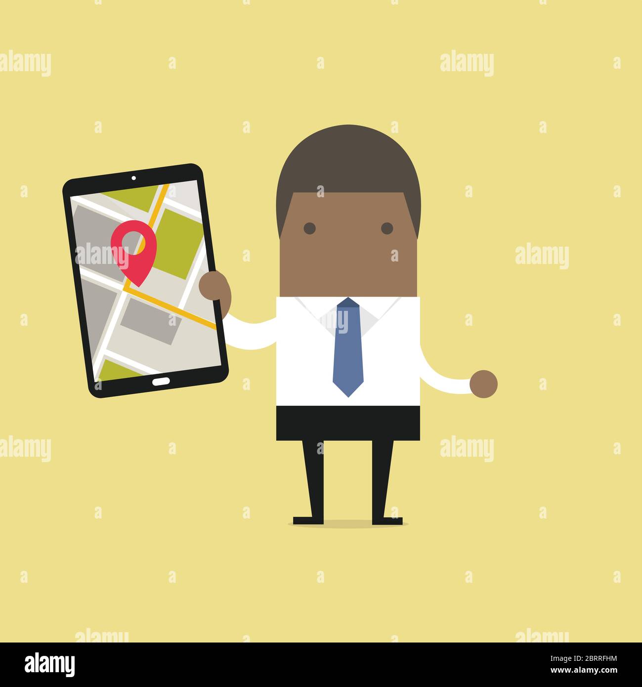 African businessman holding tablet computer with navigation map and pin ...