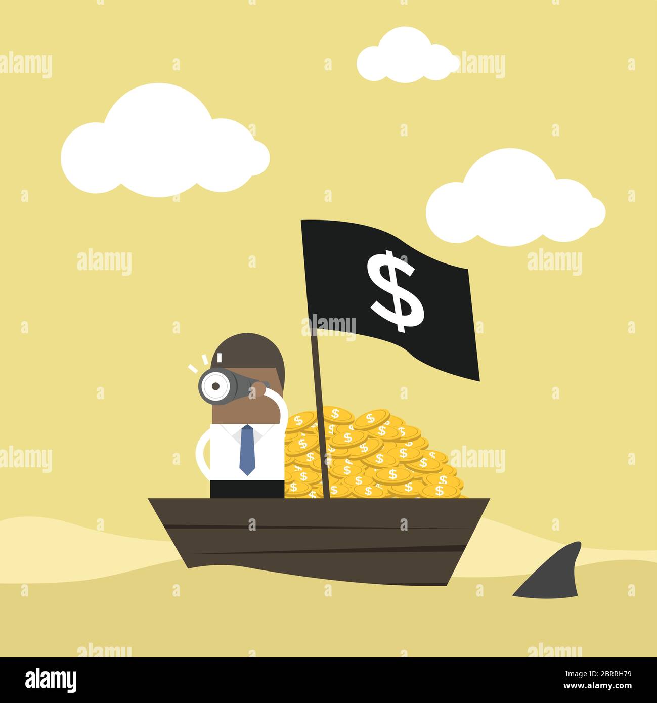 African businessman on money boat watching through telescope Stock ...