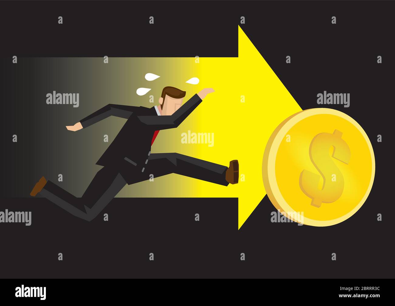 Running businessman with yellow arrows chasing after a giant coin on a ...