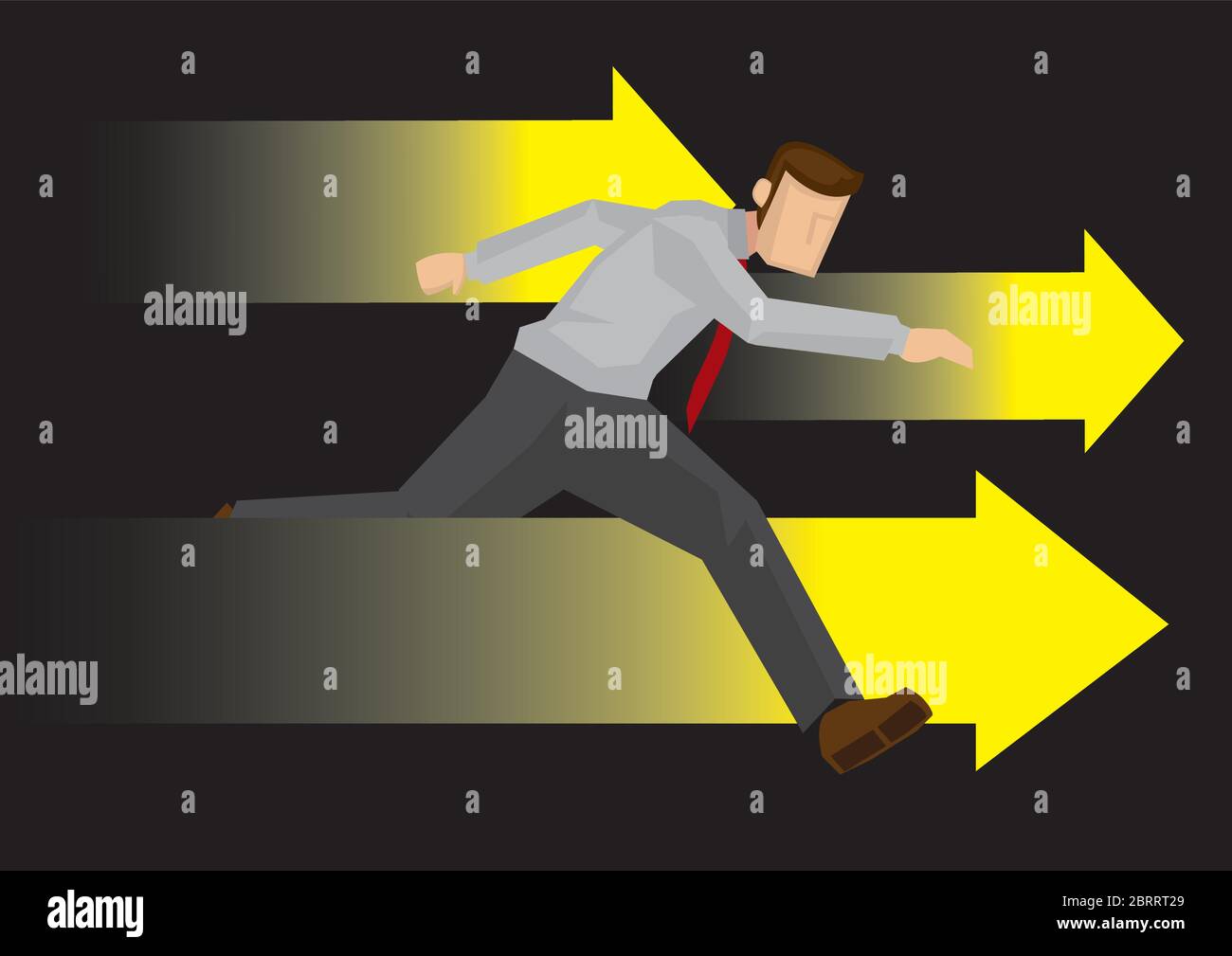 Running businessman with yellow arrows on black background. Concept of ...