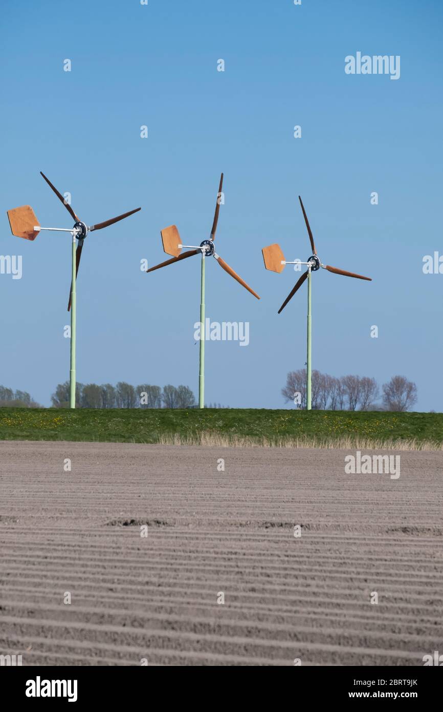 Groningen, the Netherlands - April 29 2020: Small wind turbines with ...