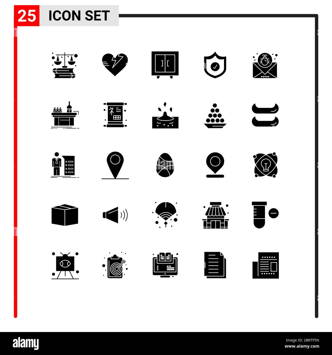 Solid Glyph Pack of 25 Universal Symbols of mail, bug, furniture ...