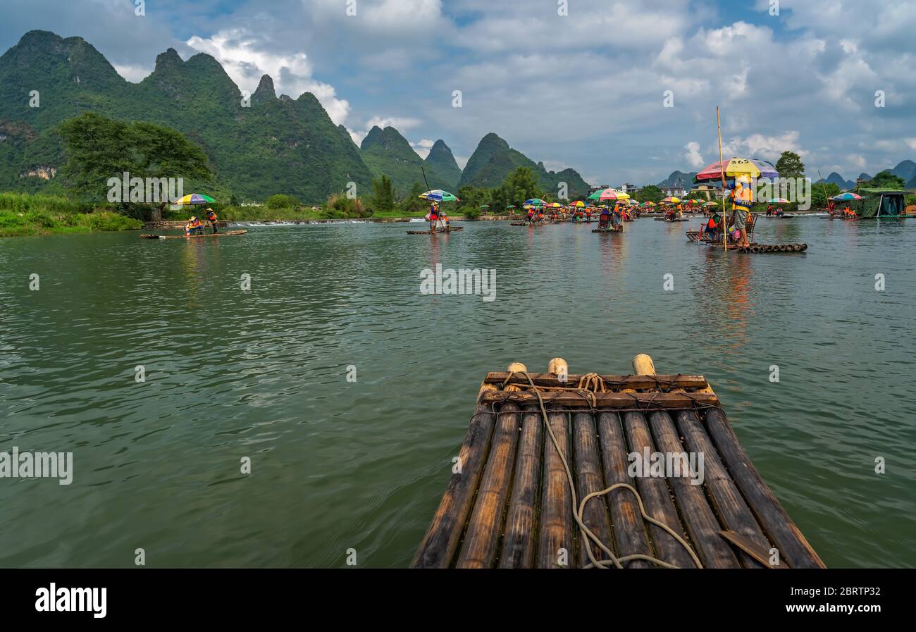 Yangshuo, China - August 2019 : Close up of bamboo raft for carrying ...