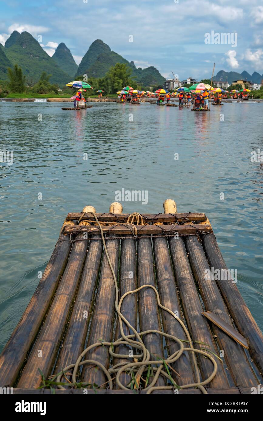 Yangshuo, China - August 2019 : Close up of bamboo raft for carrying ...