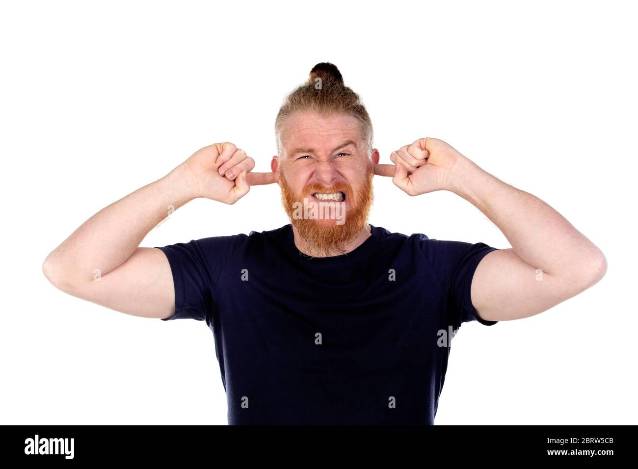 Red haired man with long beard covering his ears isolated on a white ...