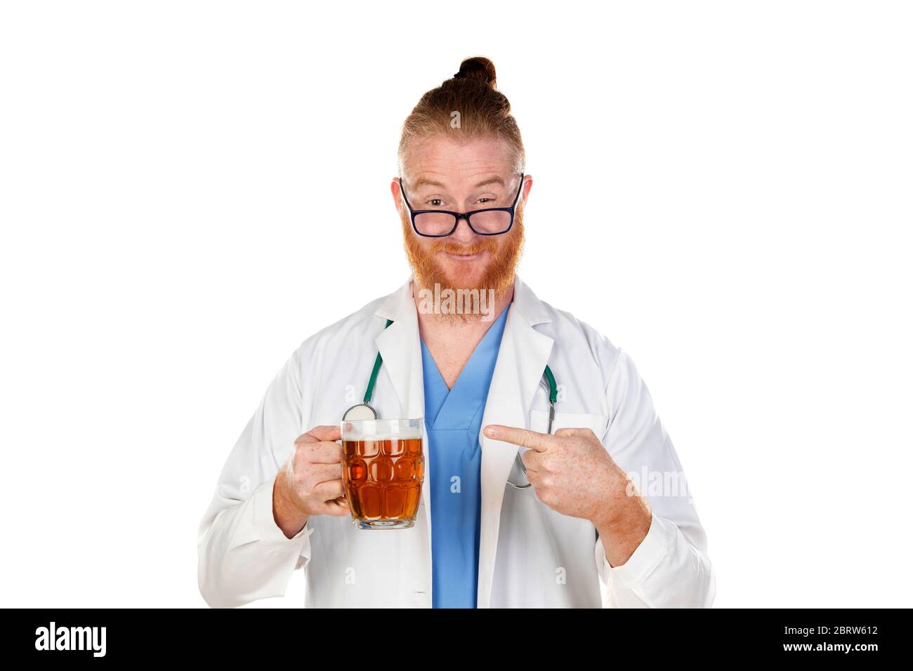 Redhead doctor drinking a beer isolated on a white background Stock ...