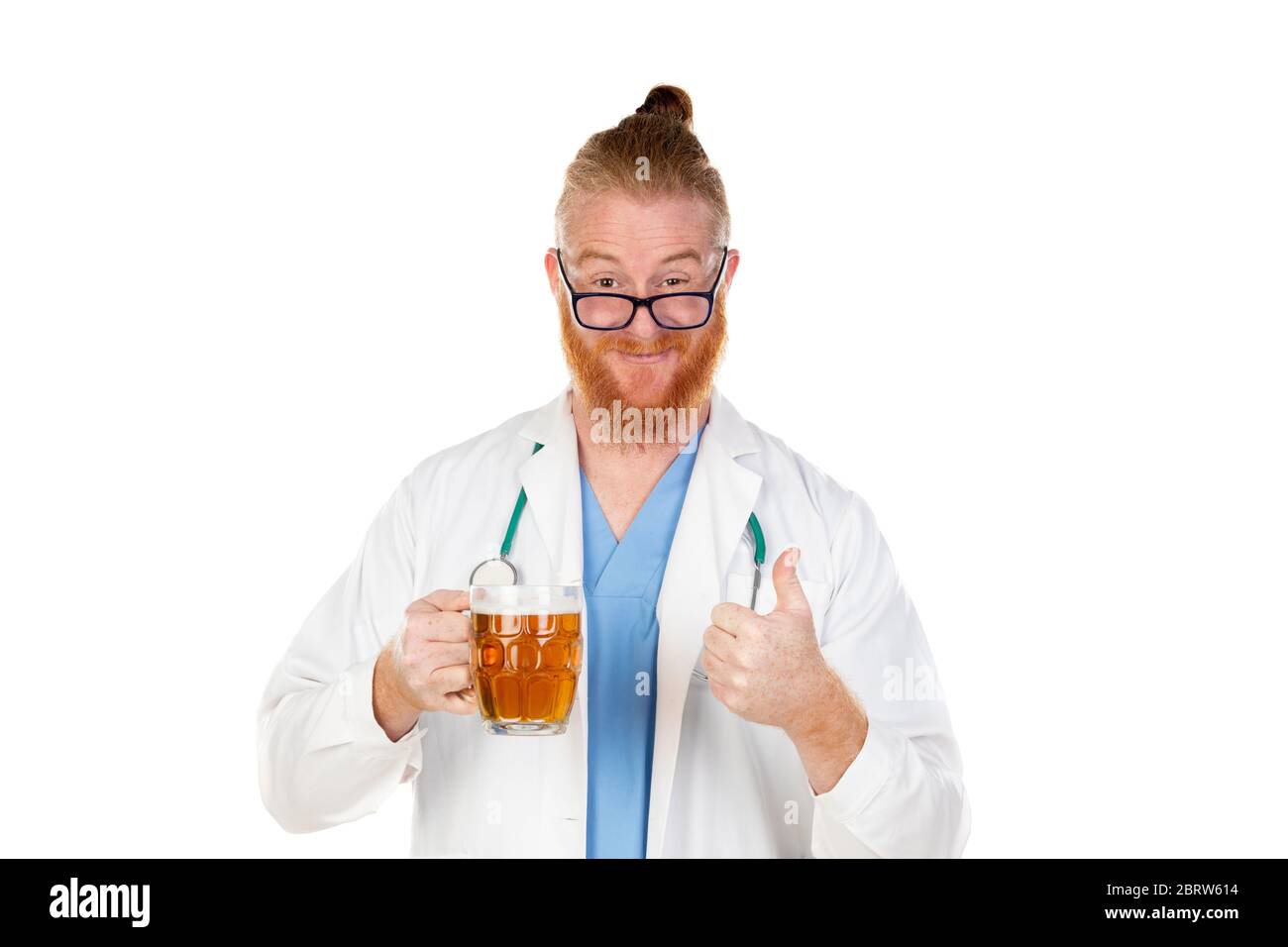 Redhead doctor drinking a beer isolated on a white background Stock ...