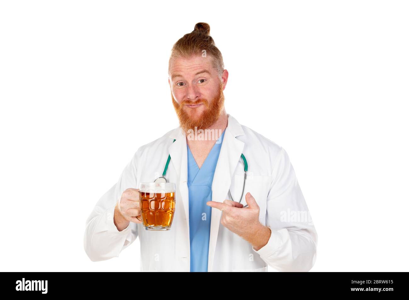 Redhead doctor drinking a beer isolated on a white background Stock ...