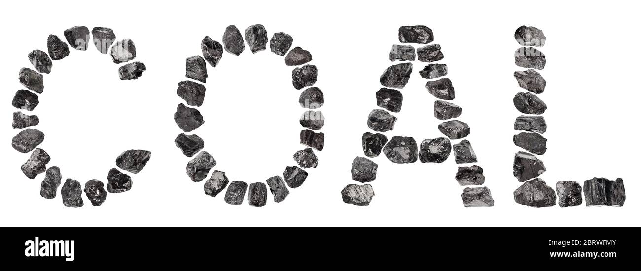 Word COAL made of black stones white background isolated closeup ...