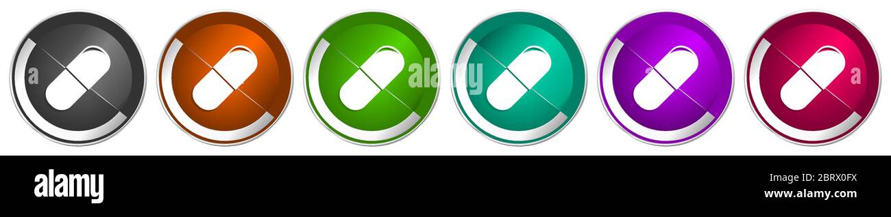 Drugs icon set, silver metallic chrome border vector web buttons in 6 ...