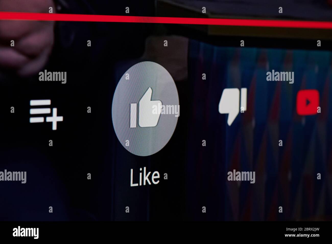 New-York , USA - March 3, 2020: Mark like on youtube video on tv screen ...