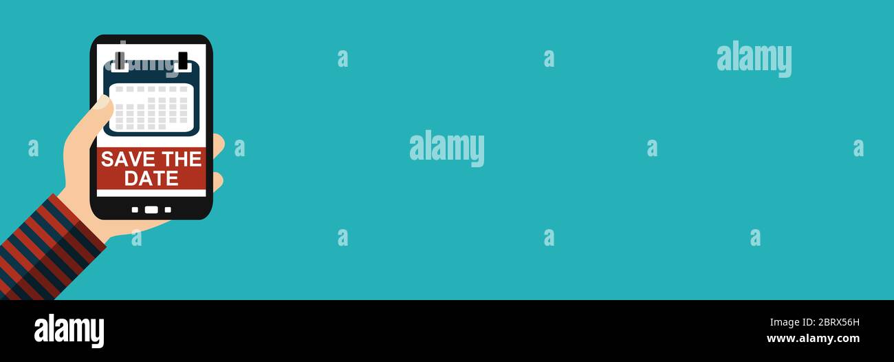 Hand holding Smartphone: Save the Date - Flat Design Stock Photo - Alamy