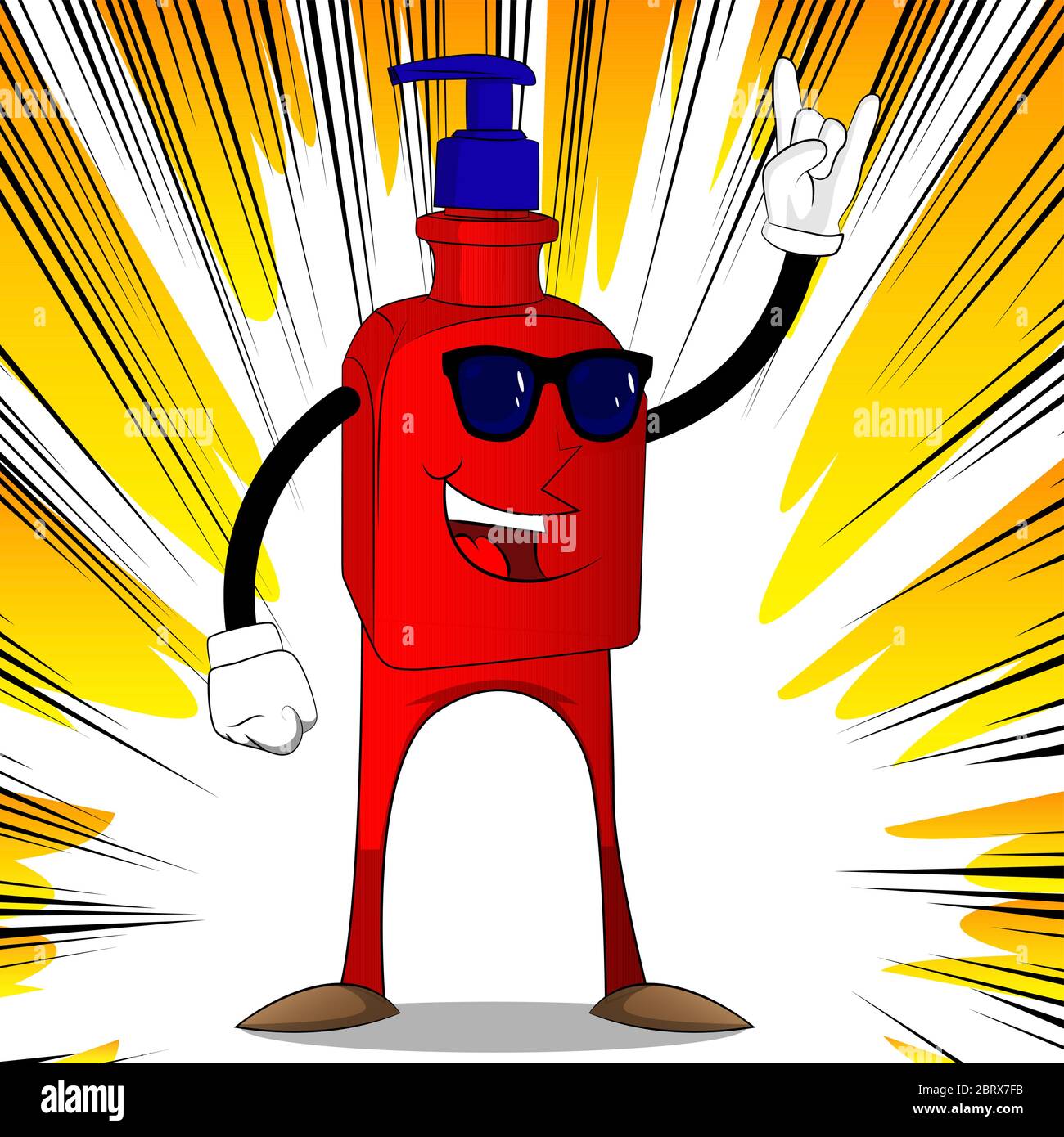 Cartoon Bottle of hand sanitizer gel with face with hands in rocker ...