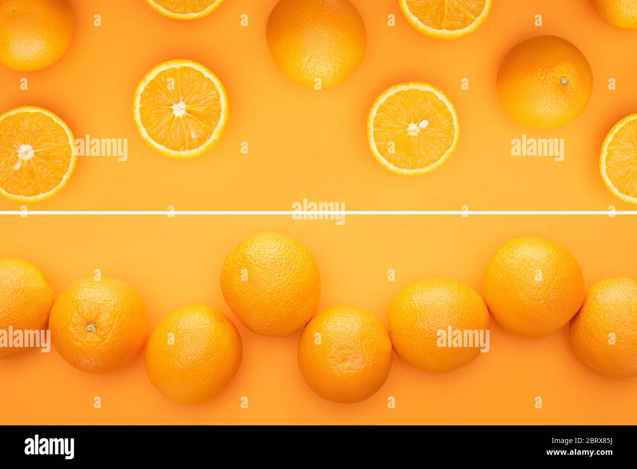 collage of ripe juicy whole oranges and slices on colorful background ...