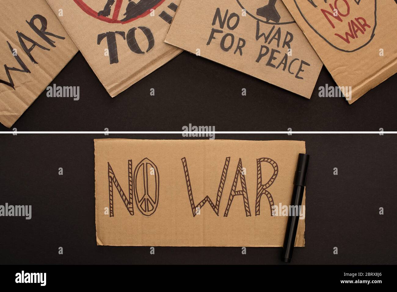 collage of cardboard placards with no war lettering near marker on ...