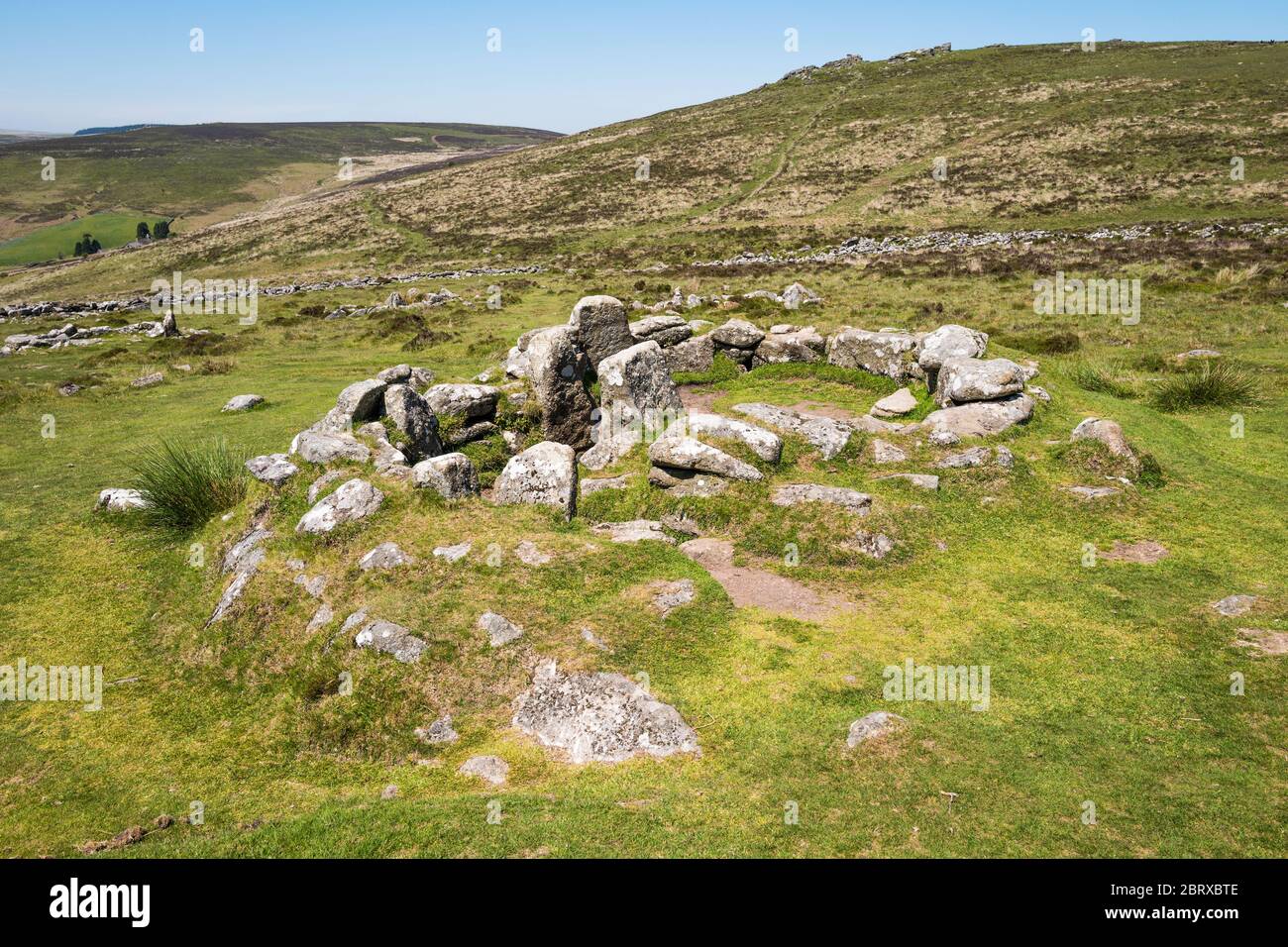The remains of hut 3, a round house with porchway at Grimspound Bronze ...
