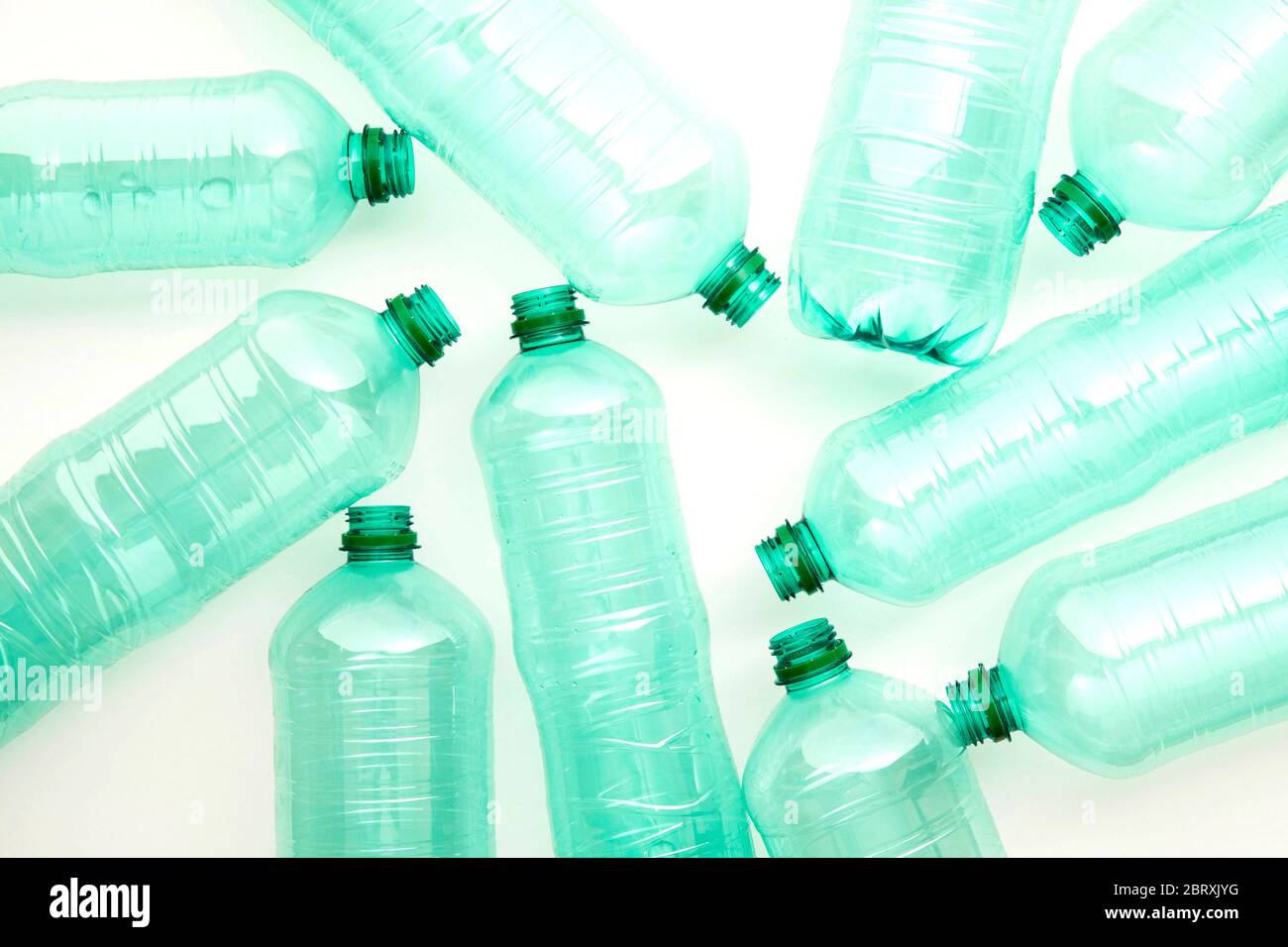 Empty green plastic waste water bottles ready to be recycled Stock ...