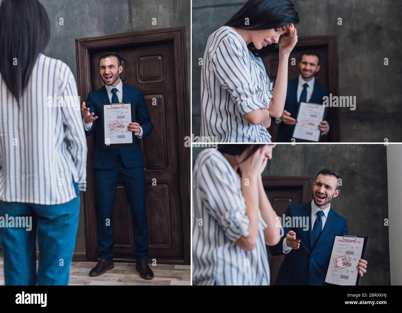 Collage of upset woman and angry collector with documents in room Stock ...